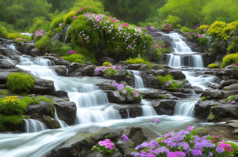 Tropical Waterfall with Flowers in Garden Scene Painting for Wall Art ...