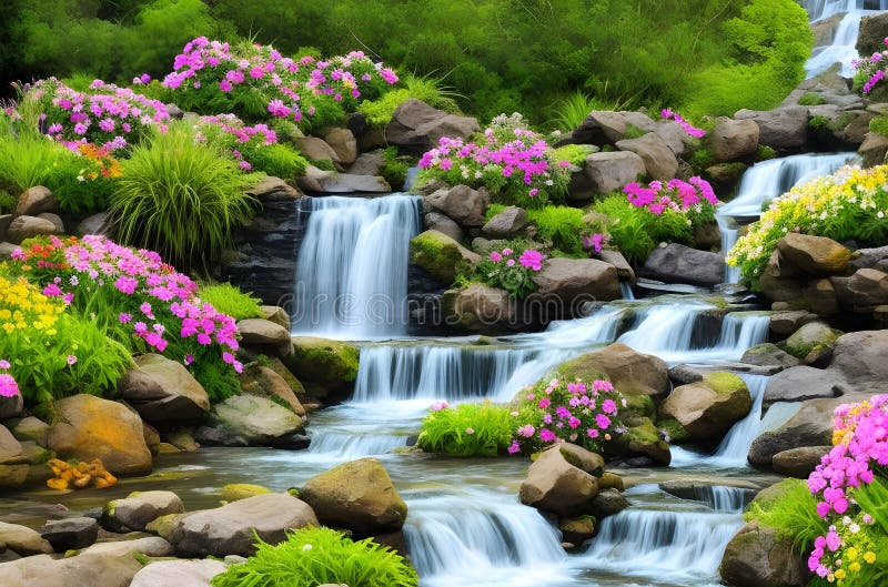 Tropical Waterfall with Flowers in Garden Scene Painting for Wall Art ...