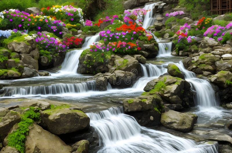 Tropical Waterfall with Flowers in Garden Scene Painting for Wall Art ...