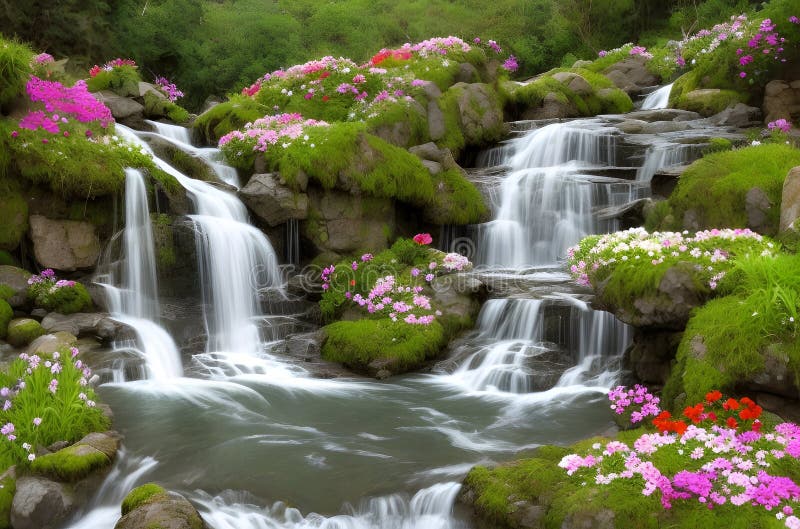 Tropical Waterfall with Flowers in Garden Scene Painting for Wall Art ...