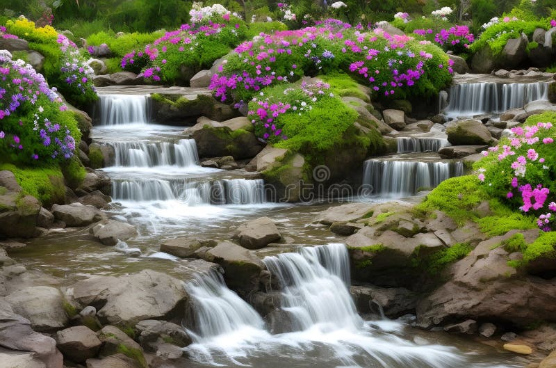 Tropical Waterfall with Flowers in Garden Scene Painting for Wall Art ...