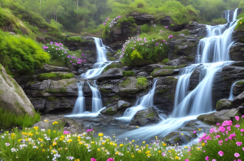 Tropical Waterfall with Flowers in Garden Scene Painting for Wall Art ...