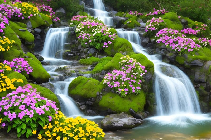Tropical Waterfall with Flowers in Garden Scene Painting for Wall Art ...