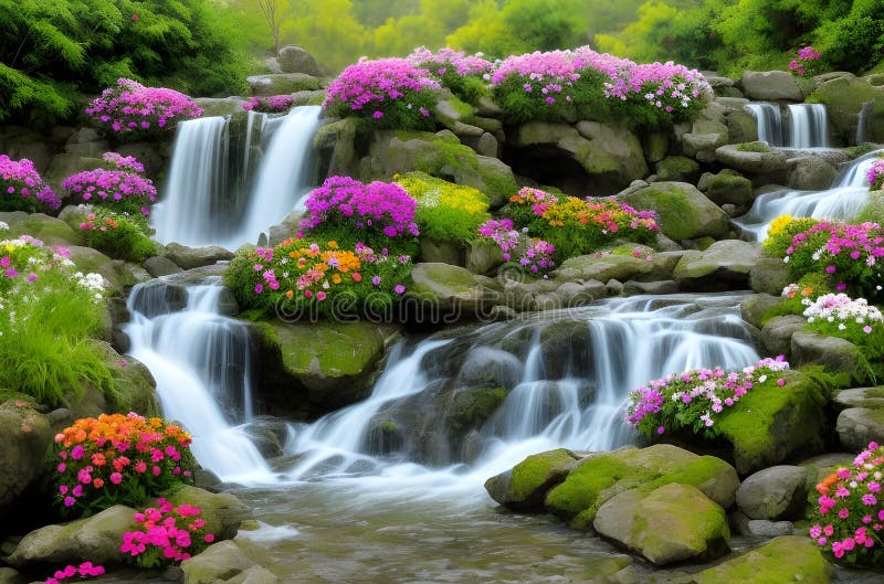 Tropical Waterfall with Flowers in Garden Scene Painting for Wall Art ...