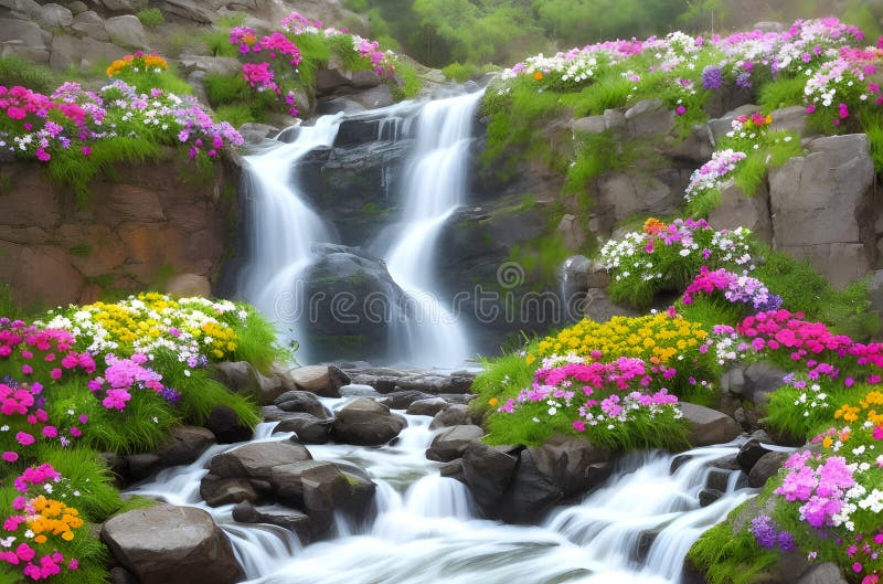 Tropical Waterfall with Flowers in Garden Scene Painting for Wall Art ...