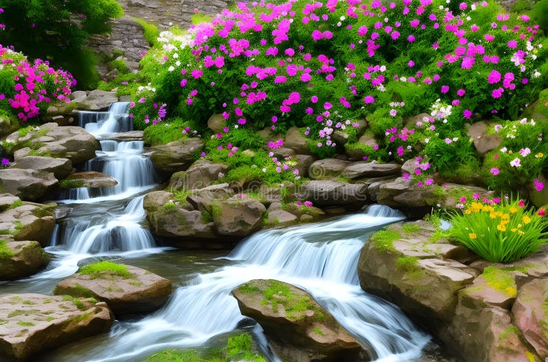 Tropical Waterfall with Flowers in Garden Scene Painting for Wall Art ...