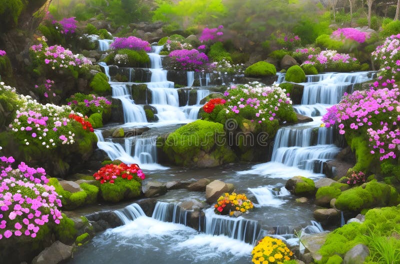 Tropical Waterfall with Flowers in Garden Scene Painting for Wall Art ...