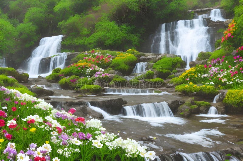 Tropical Waterfall with Flowers in Garden Scene Painting for Wall Art ...