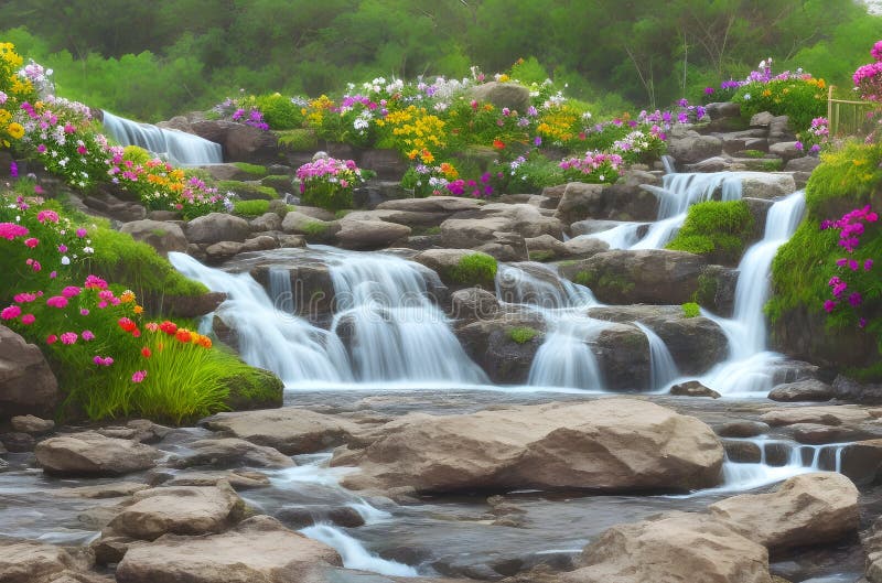 Tropical Waterfall with Flowers in Garden Scene Painting for Wall Art ...