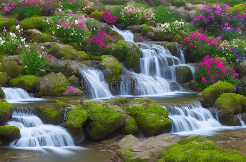 Tropical Waterfall with Flowers in Garden Scene Painting for Wall Art ...