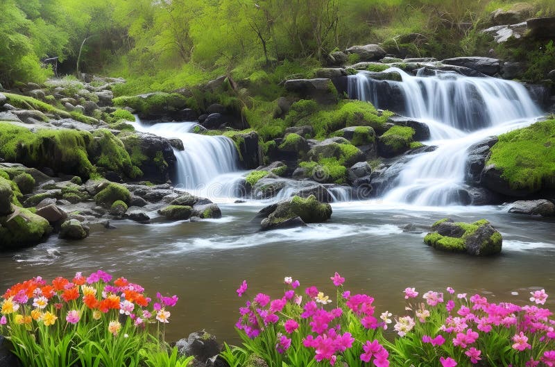 Tropical Waterfall with Flowers in Garden Scene Painting for Wall Art ...