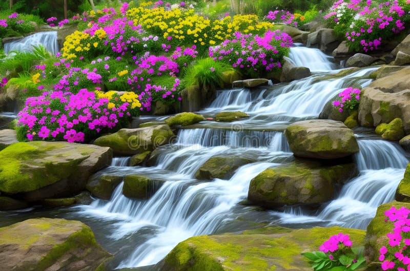 Tropical Waterfall with Flowers in Garden Scene Painting for Wall Art ...
