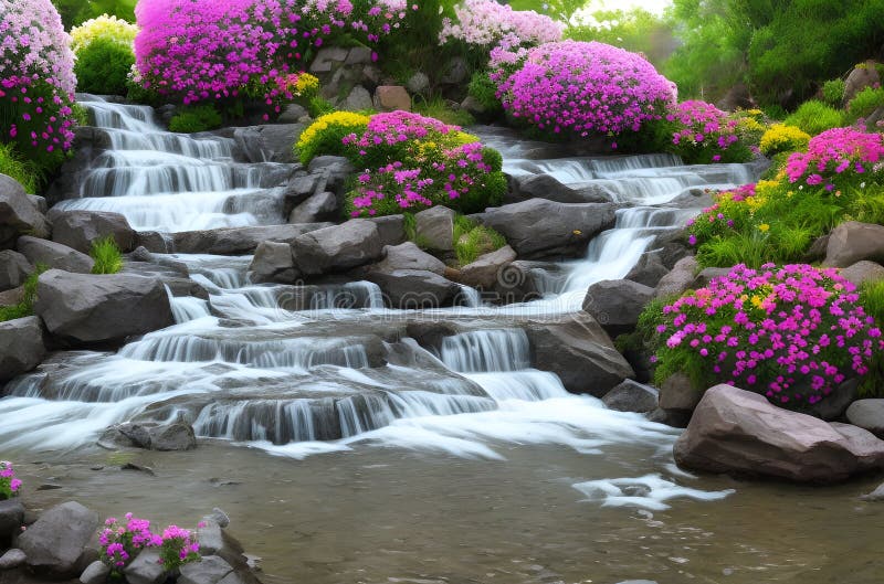 Tropical Waterfall with Flowers in Garden Scene Painting for Wall Art ...