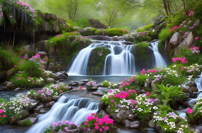 Tropical Waterfall with Flowers in Garden Scene Painting for Wall Art ...