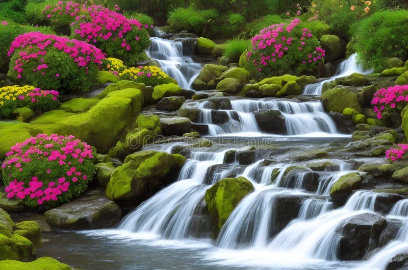 Tropical Waterfall with Flowers in Garden Scene Painting for Wall Art ...