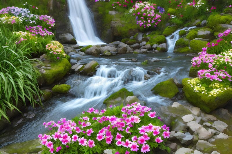 Tropical Waterfall with Flowers in Garden Scene Painting for Wall Art ...