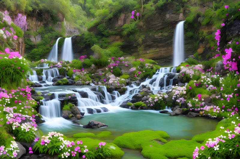 Tropical Waterfall with Flowers in Garden Scene Painting for Wall Art ...