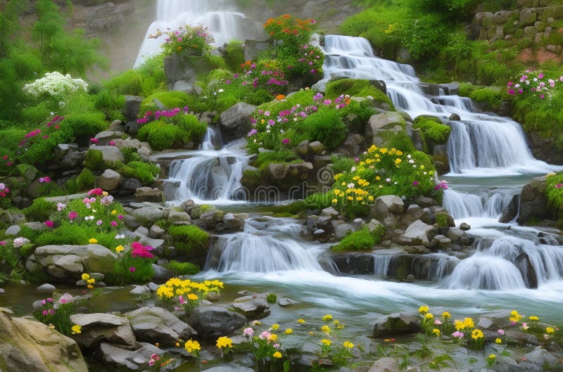Tropical Waterfall with Flowers in Garden Scene Painting for Wall Art ...