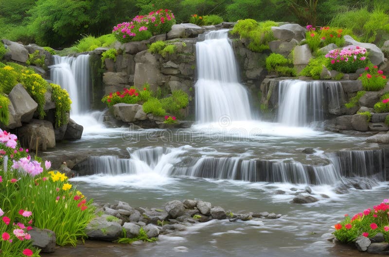 Tropical Waterfall with Flowers in Garden and House Scene Painting for ...