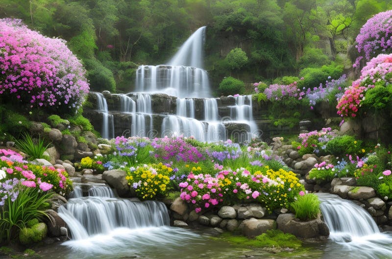 Tropical Waterfall with Flowers in Garden and House Scene Painting for ...