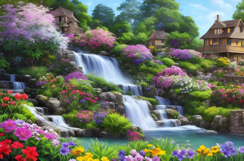 Tropical Waterfall with Flowers in Garden and House Scene Painting for ...