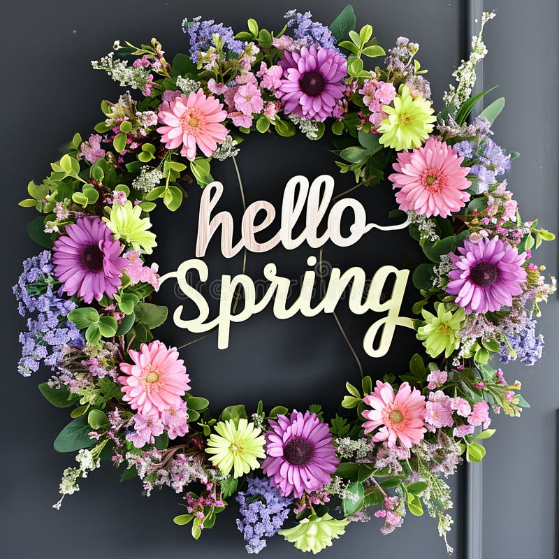 Flower Wreath on the Door Hello Spring in the Middle Stock Image ...