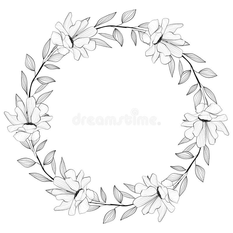Flower Wreath. Flowers and Leaves in Line Art Style Stock Illustration ...