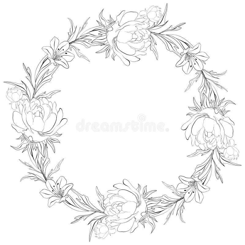Flower Wreath. Flowers and Leaves in Line Art Style Stock Illustration ...