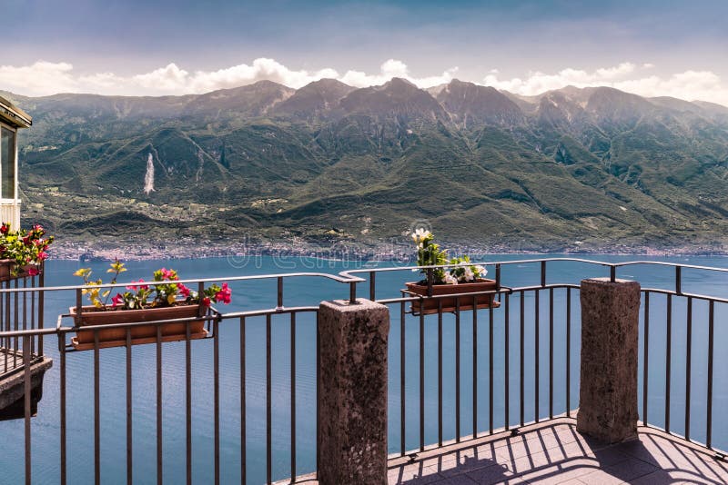 Flowered Terrace Overlooking Lake Garda. Stock Photo - Image of nature ...
