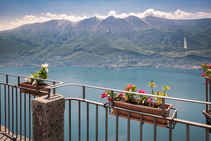 Flowered Terrace Overlooking Lake Garda. Stock Image - Image of ...