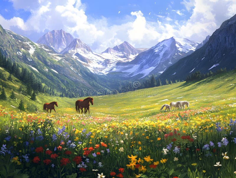 A Flowering Alpine Meadow Where Wild Horses Roam Stock Illustration ...