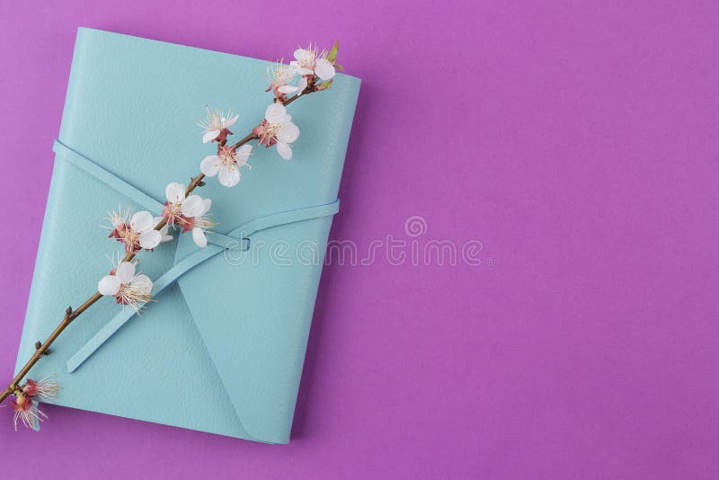 Flowering Branch. Spring Flowers and Blue Notebook on a Bright Lilac ...