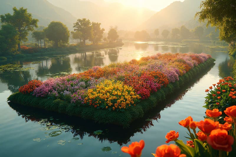 Flowering Floating Farm in Water Stock Illustration - Illustration of ...