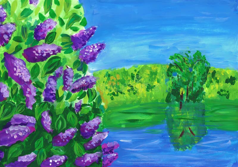 Flowering Lilacs on the Shore of the Lake. Spring Stock Illustration ...