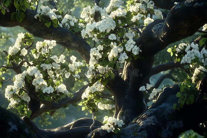 Flowering Tree Branch with Vibrant White Blossoms Stock Illustration ...