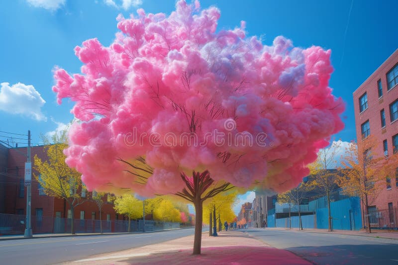 A Flowering Tree on a City Street. Illustration Stock Image - Image of ...
