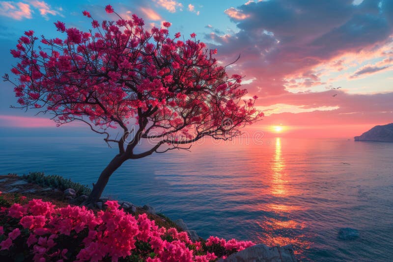 Flowering Tree on the Shore at Sunset Stock Photo - Image of summer ...