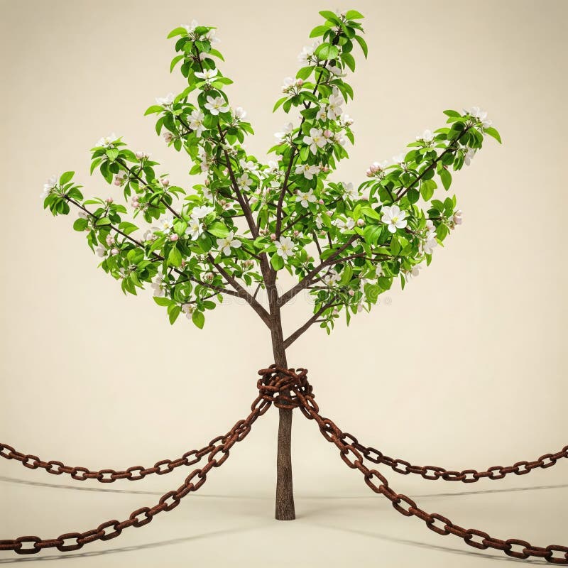 A Flowering Tree is Tied with Rusty Chains. Stock Image - Image of ...