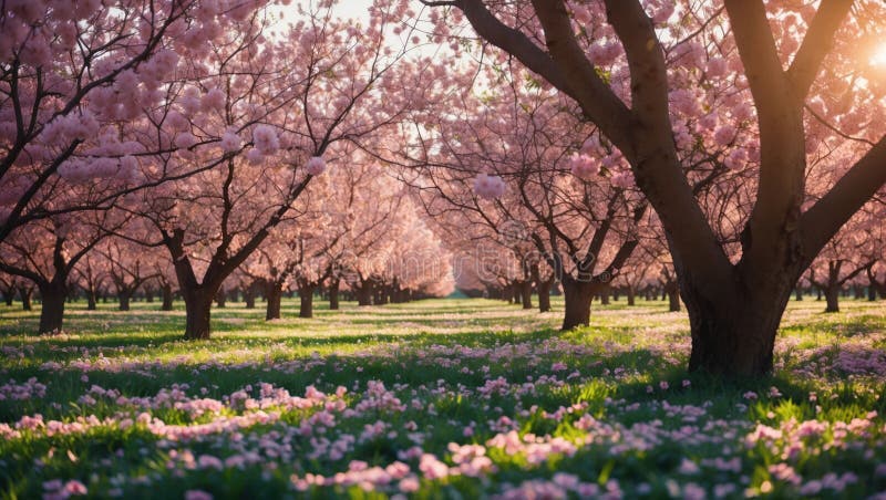 Serene Pink Blossom Trees Orchard in Spring Sunlight Stock Illustration ...