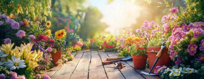 Flowerpots and Garden Tools in Sunny Garden Path, Ideal for Outdoors ...