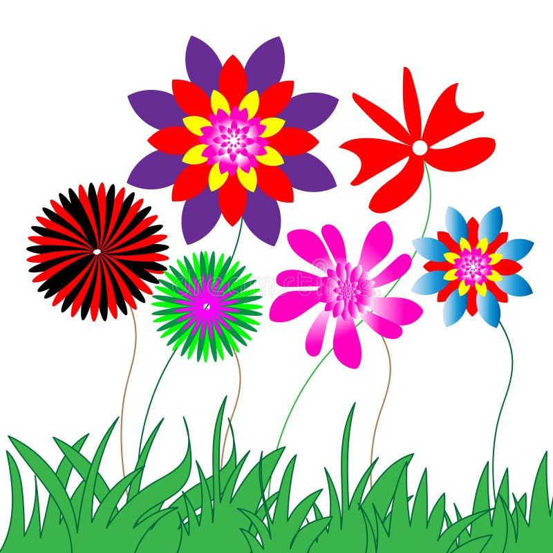 Colorful Multiple Flowers and Grass White Background Vector Art ...