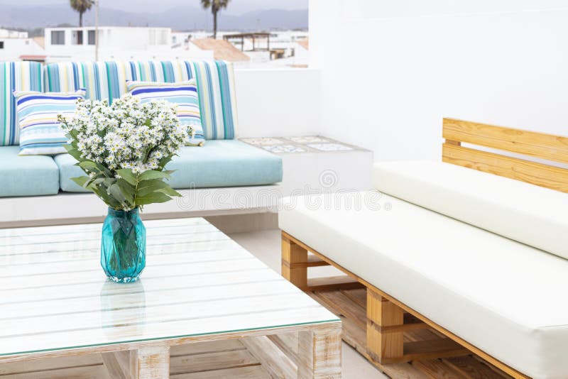 Flowers Arrangement on Table Outdoors on the Terrace Stock Image ...