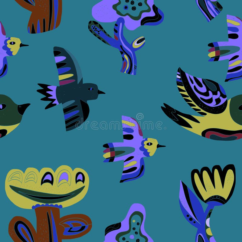 Flowers and Birds Stylized Folk Art Elements Vector Seamless ...