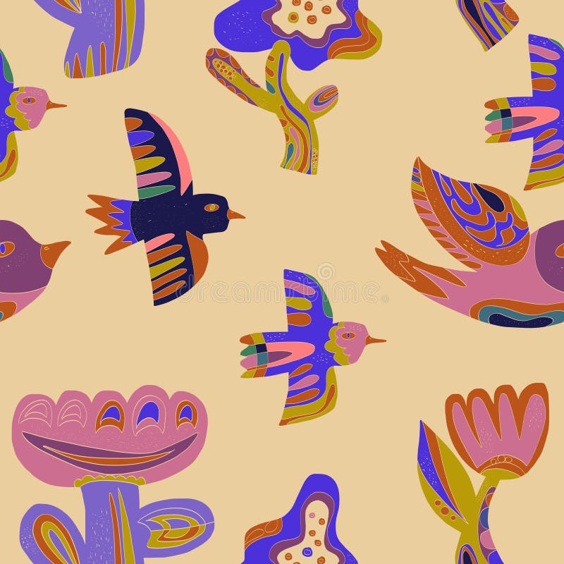 Flowers and Birds Stylized Folk Art Elements Vector Seamless Stock ...