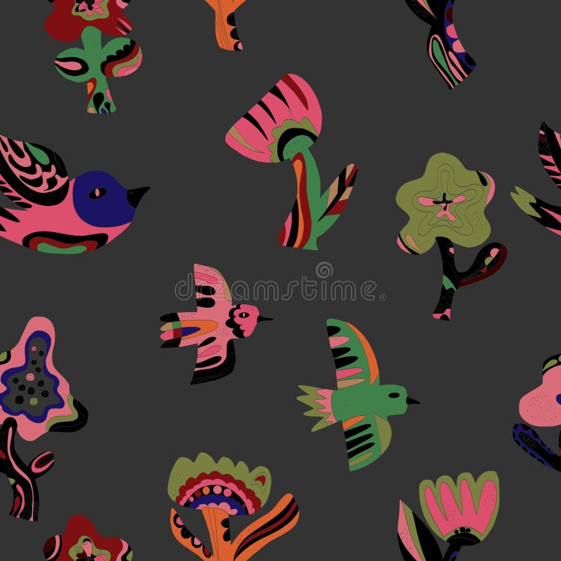 Flowers and Birds Stylized Folk Art Elements Stock Vector ...