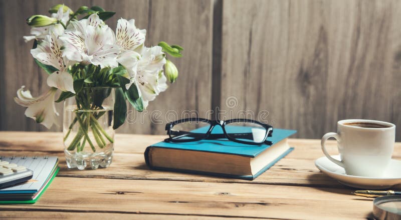 Flowers on Book with Coffee Stock Photo - Image of paper, office: 244843334