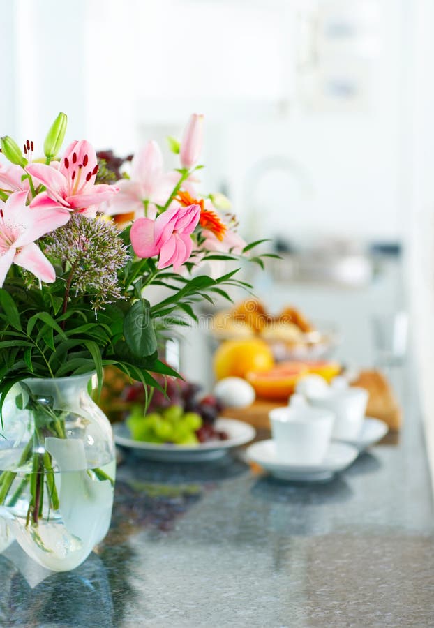 Flowers on Breakfast Table. Stock Image - Image of beautiful, fruit ...