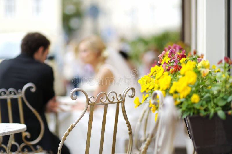 Flowers with Bride and Groom on the Background Stock Photo - Image of ...