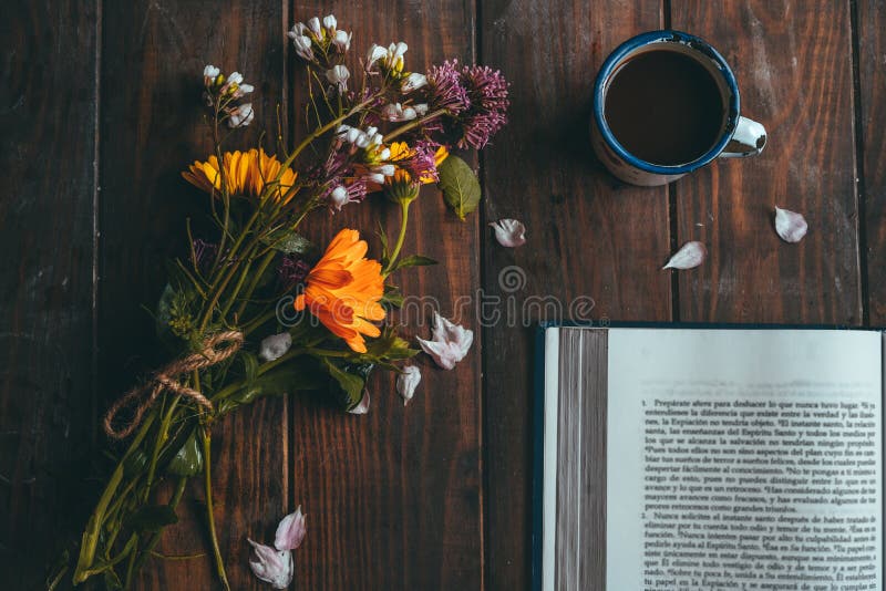 Flowers, Coffee and Book on the Table Stock Photo - Image of drink ...