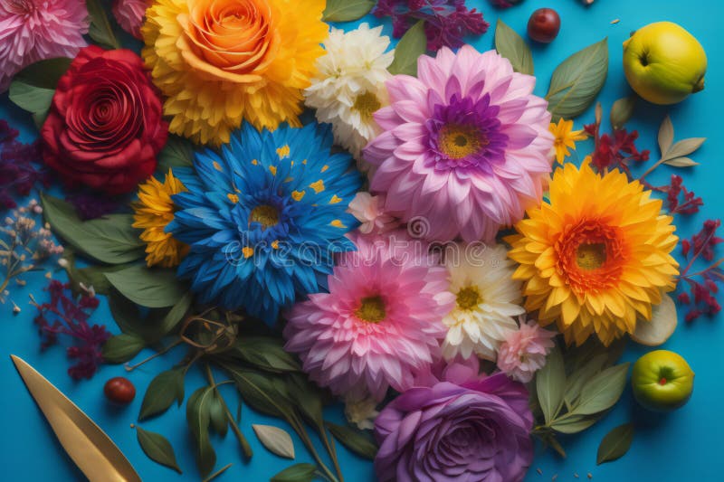 Flowers Composition. Colorful Flowers on Blue Background. Flat Lay, Top ...